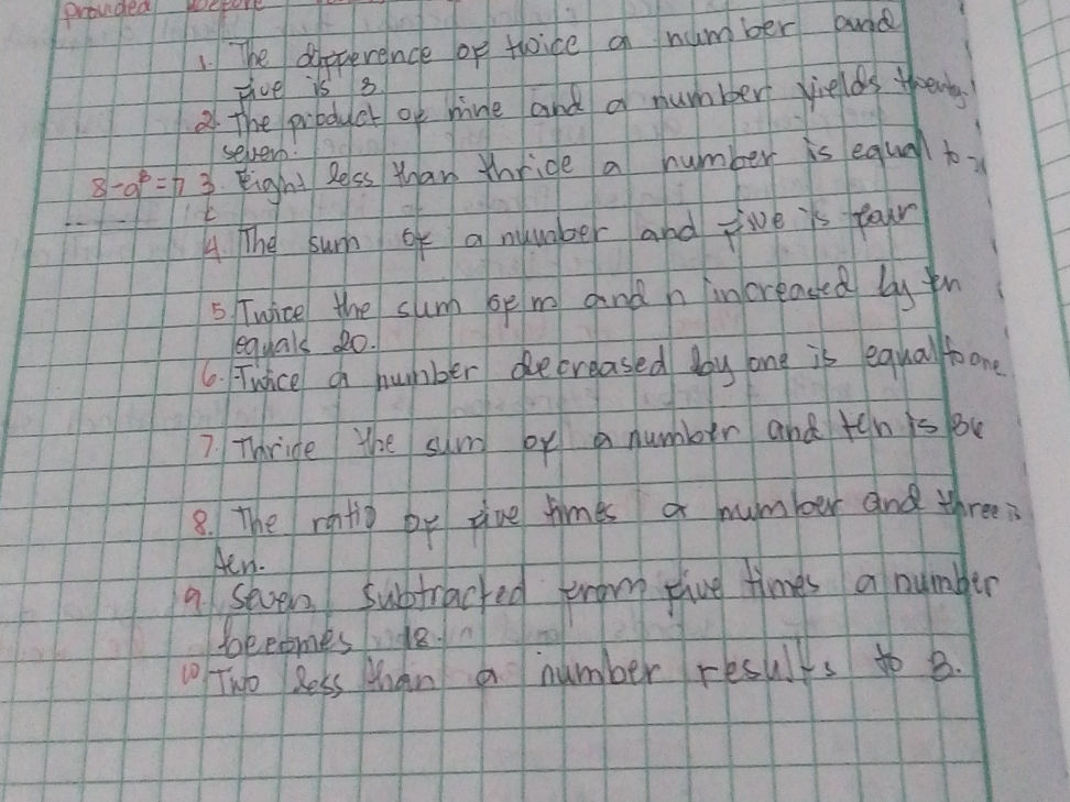 1. The difference of twice a number and five | StudyX