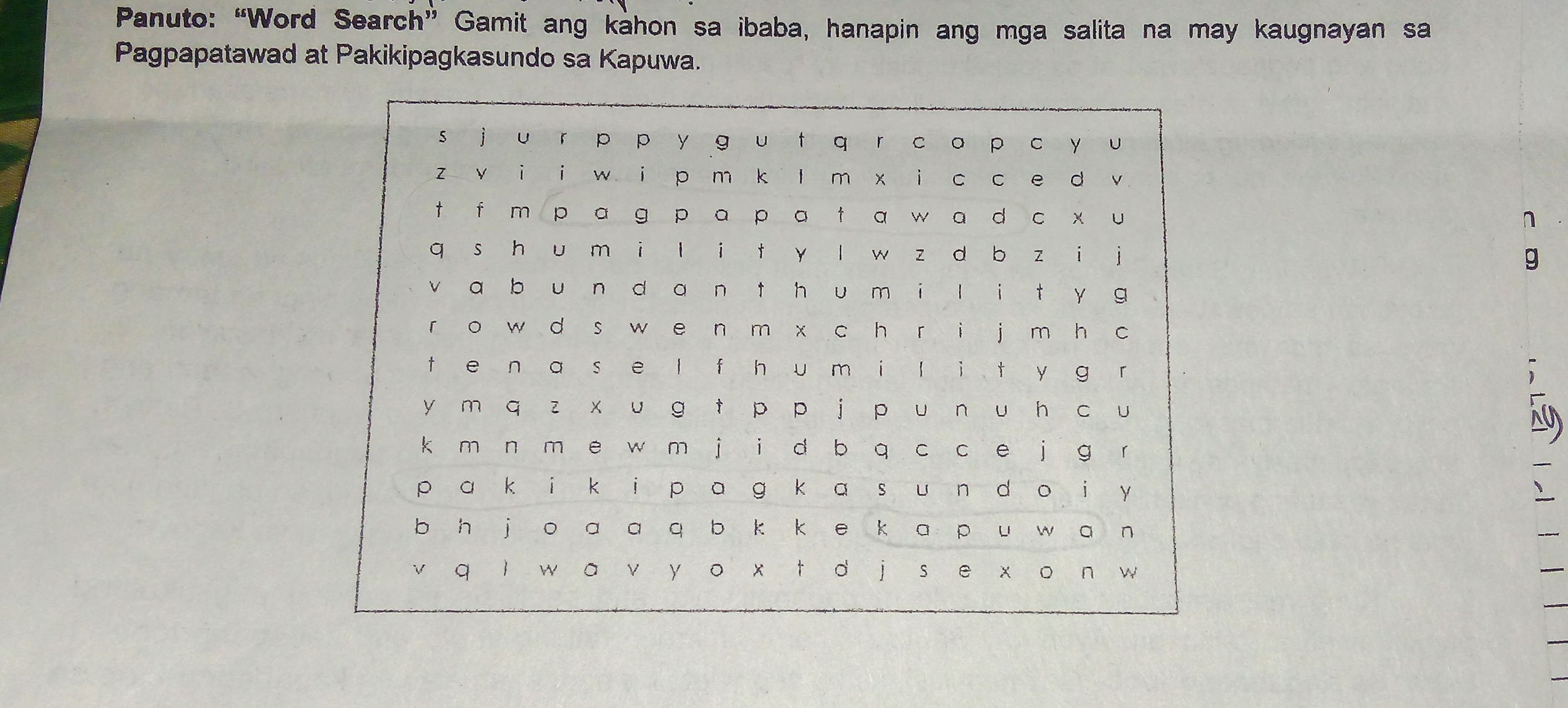 Panuto: "Word Search" Gamit ang kahon sa | StudyX