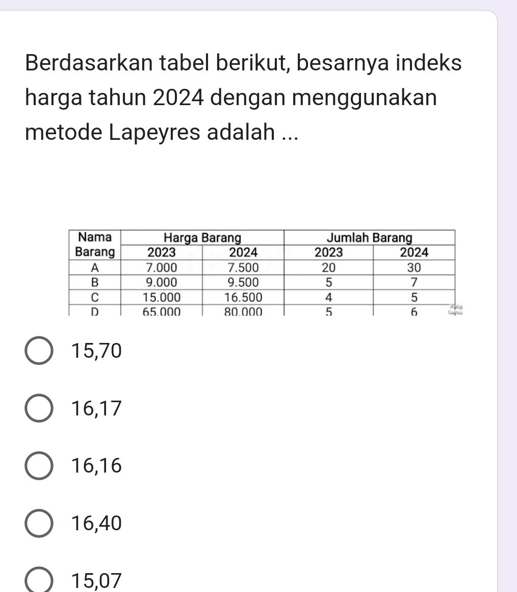 Berdasarkan tabel berikut, besarnya indeks | StudyX