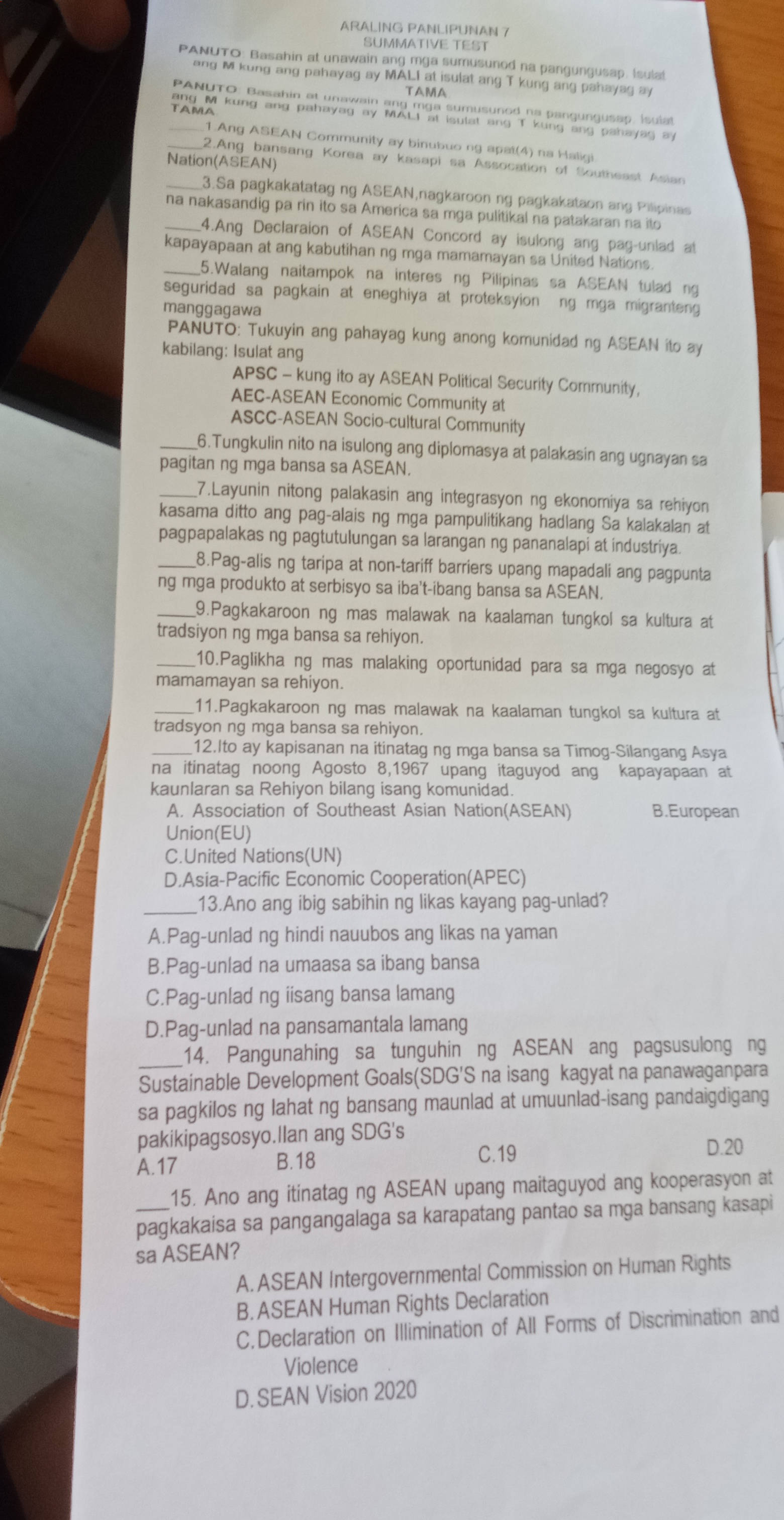 1. Ang ASEAN Community ay binubuo ng apat(4) | StudyX