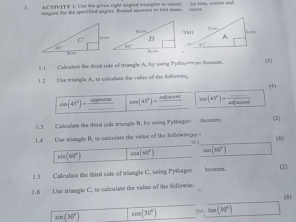 1. ACTIVITY 1: Use the given right angled | StudyX