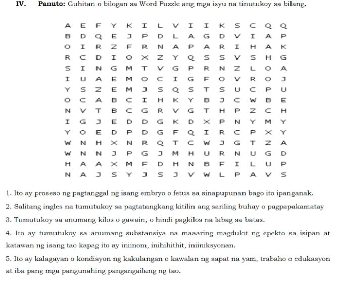 IV. Panuto: Guhitan o bilogan sa Word Puzzle | StudyX