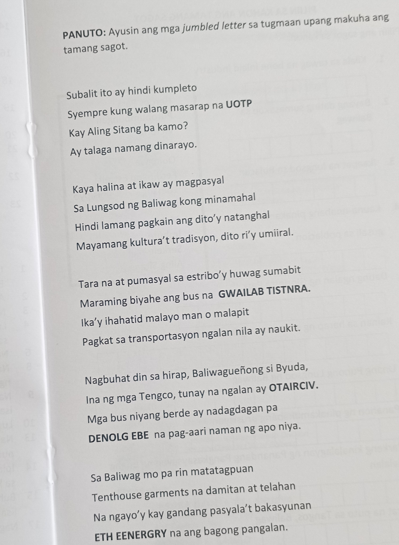 PANUTO: Ayusin ang mga jumbled letter sa | StudyX