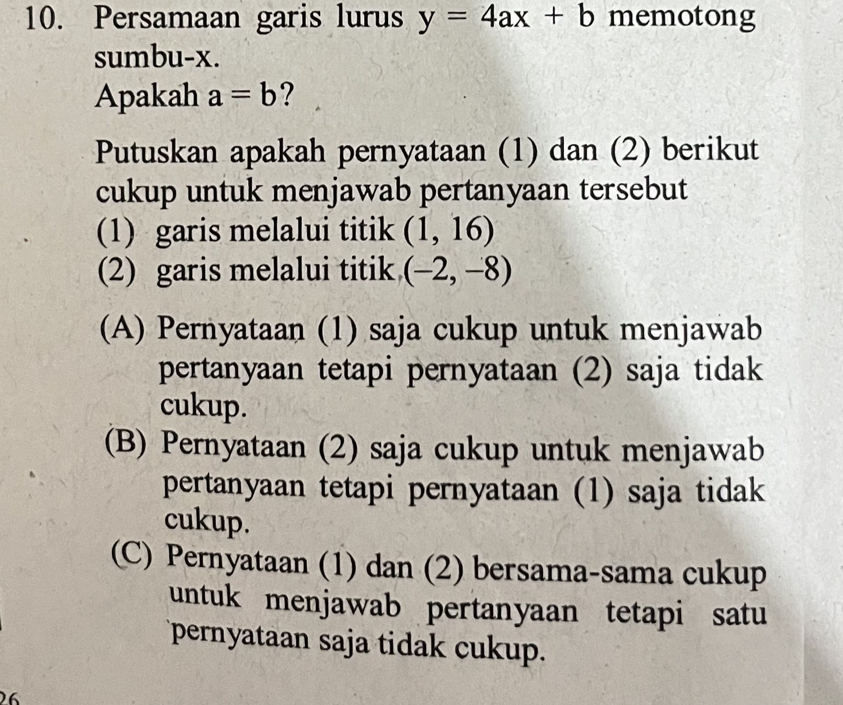 10. Persamaan garis lurus $y = 4ax + b$ | StudyX