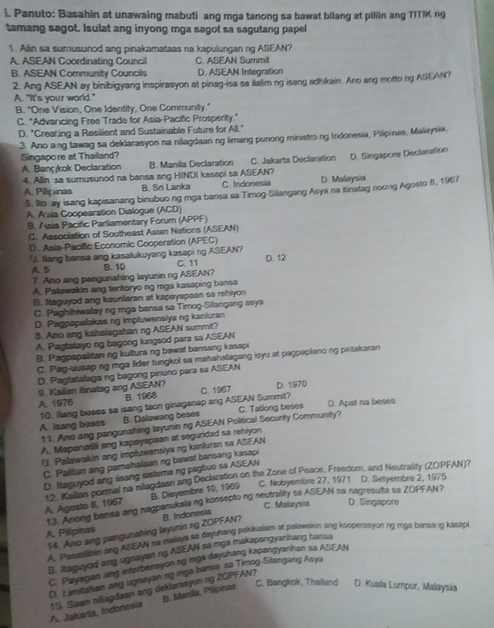 1. Panuto: Basahin at unawaing mabuti ang | StudyX