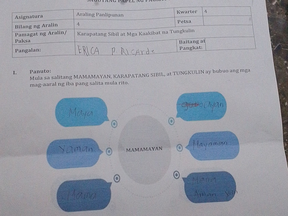 I. Panuto: Mula sa salitang MAMAMAYAN, | StudyX
