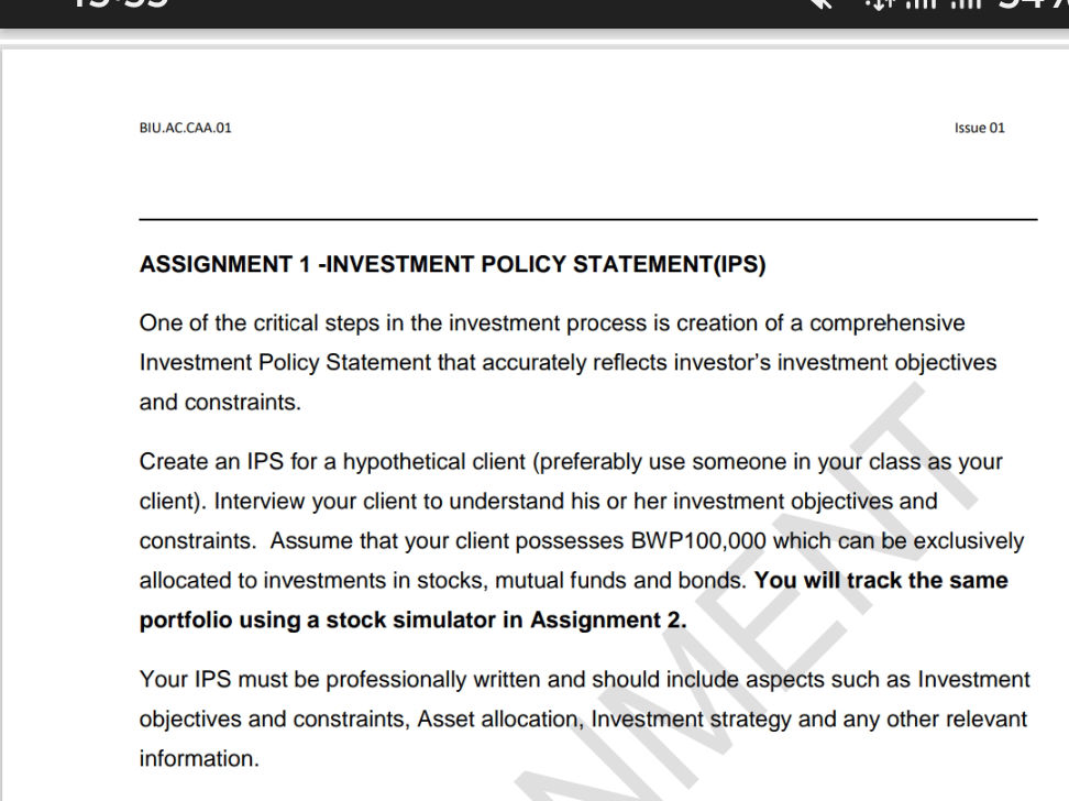 ASSIGNMENT 1 -INVESTMENT POLICY | StudyX