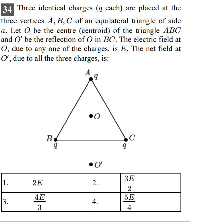 34 Three identical charges ($q$ each) are | StudyX