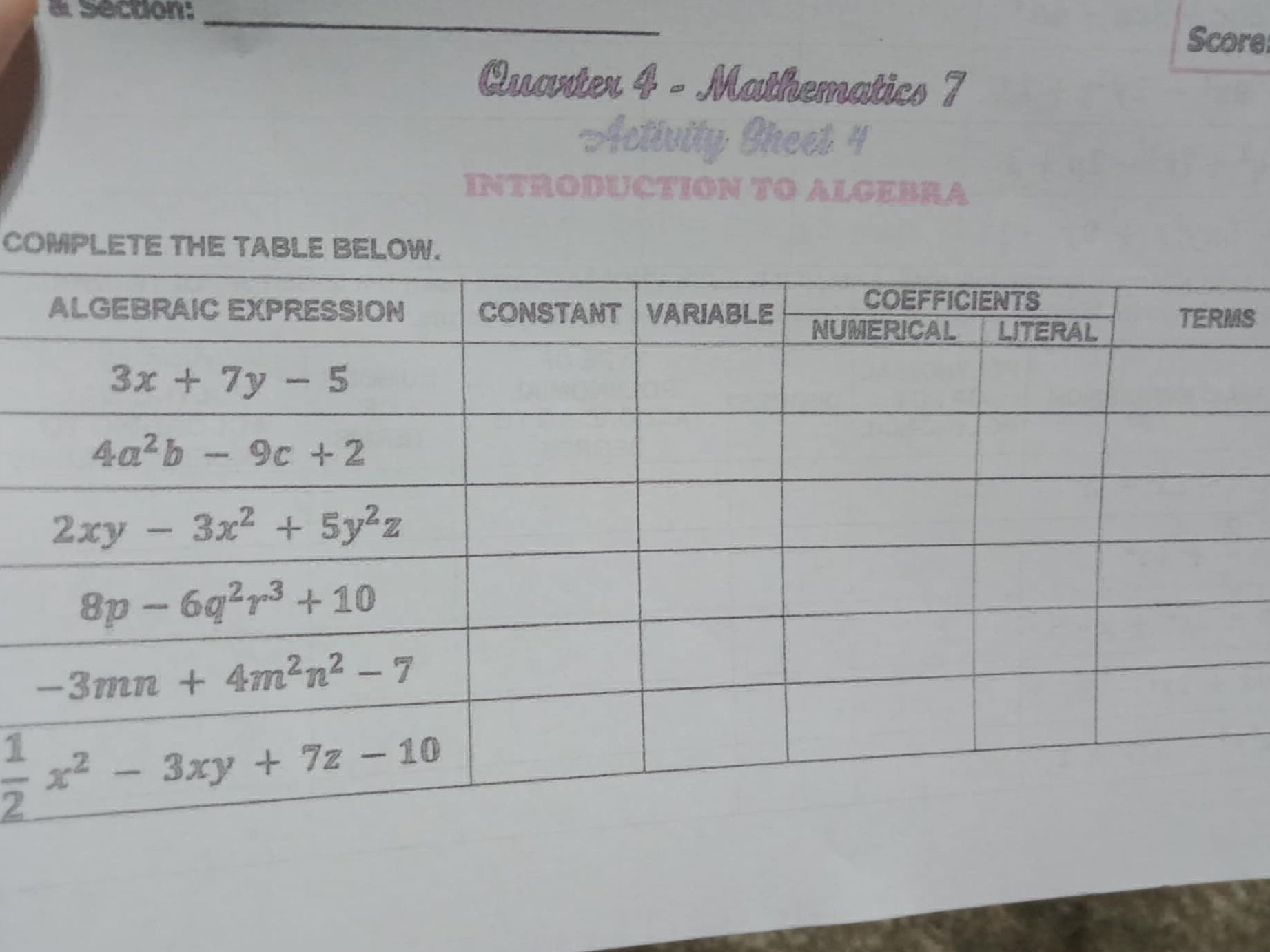 Complete the table below. | ALGEBRAIC | StudyX