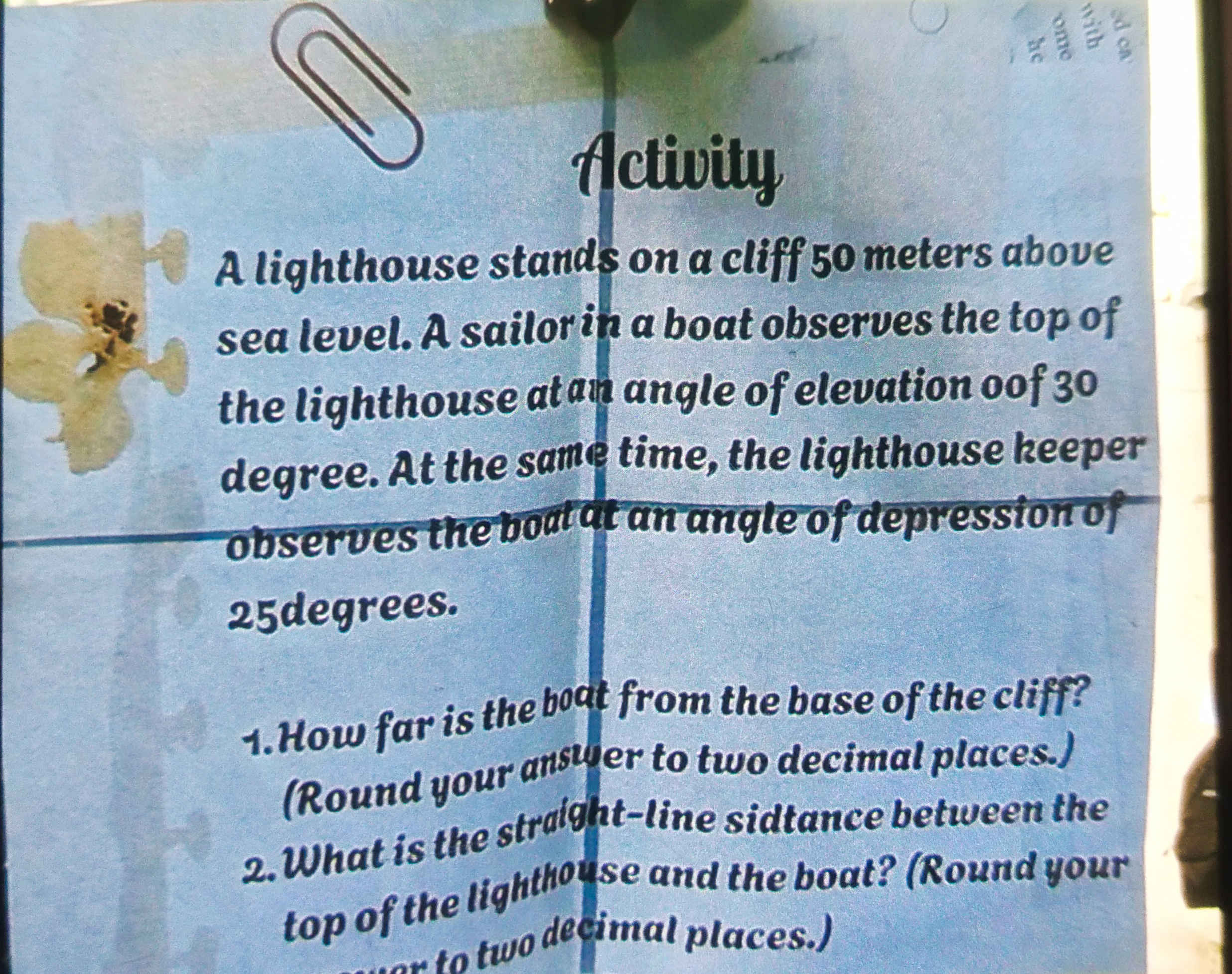 A lighthouse stands on a cliff 50 meters | StudyX