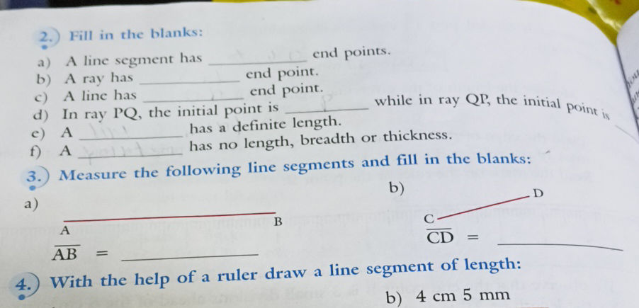2. Fill in the blanks: a) A line segment | StudyX