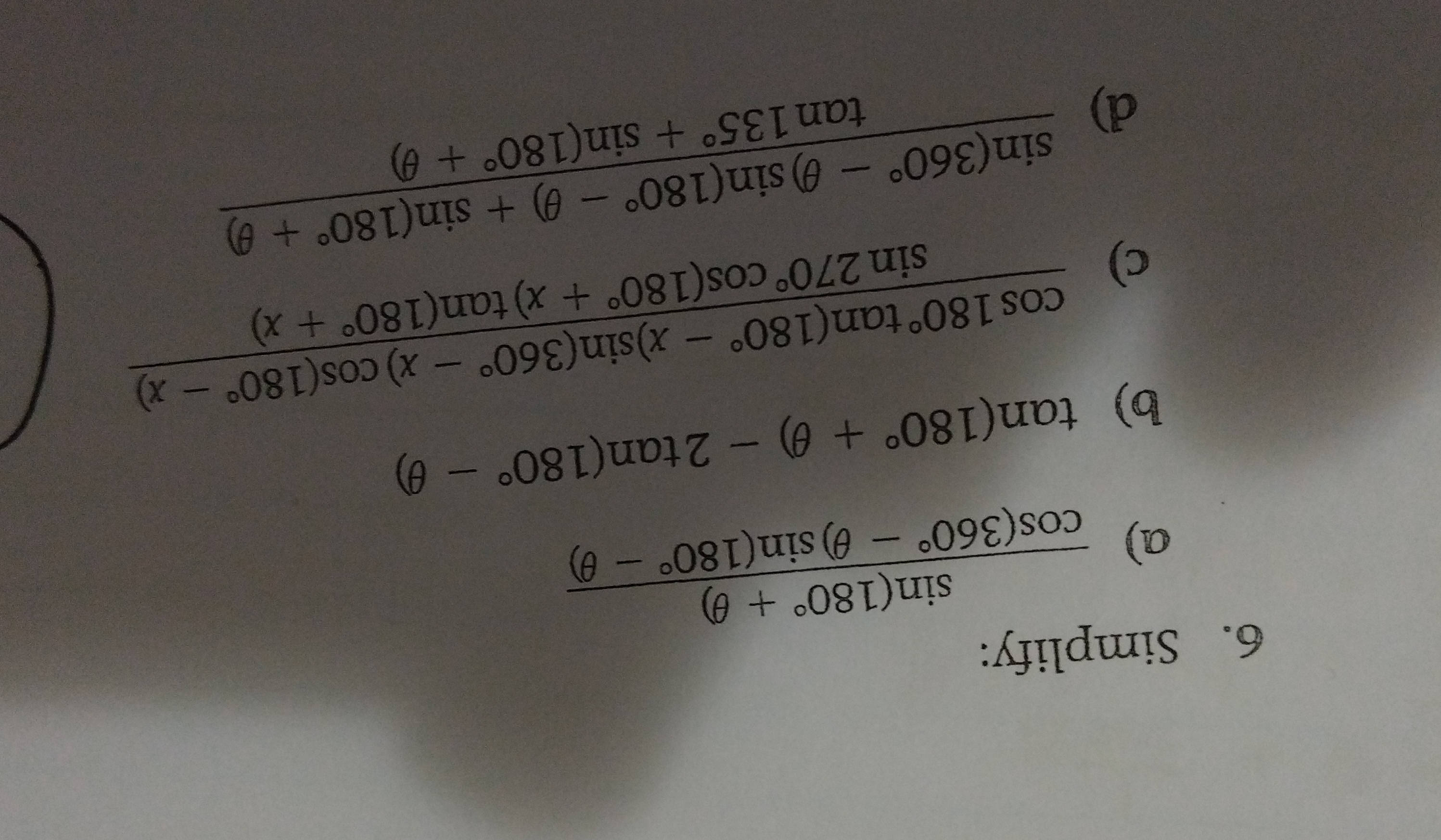 6. Simplify: a) {cos(360^ - )}{sin(180^ | StudyX