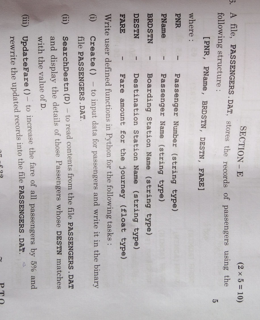 5. A file, PASSENGERS.DAT, stores the | StudyX