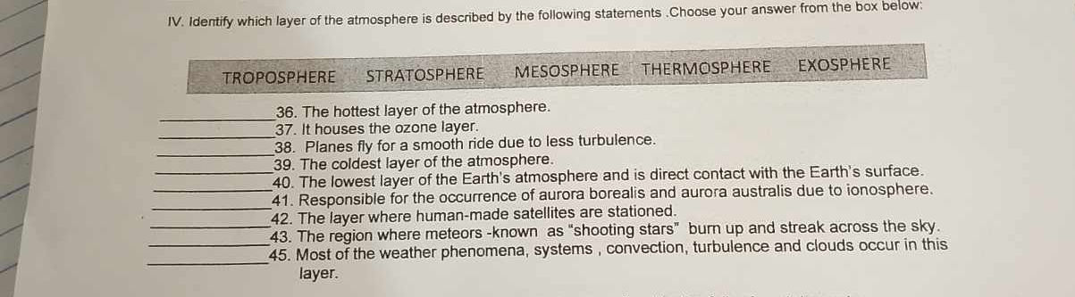 IV. Identify which layer of the atmosphere | StudyX
