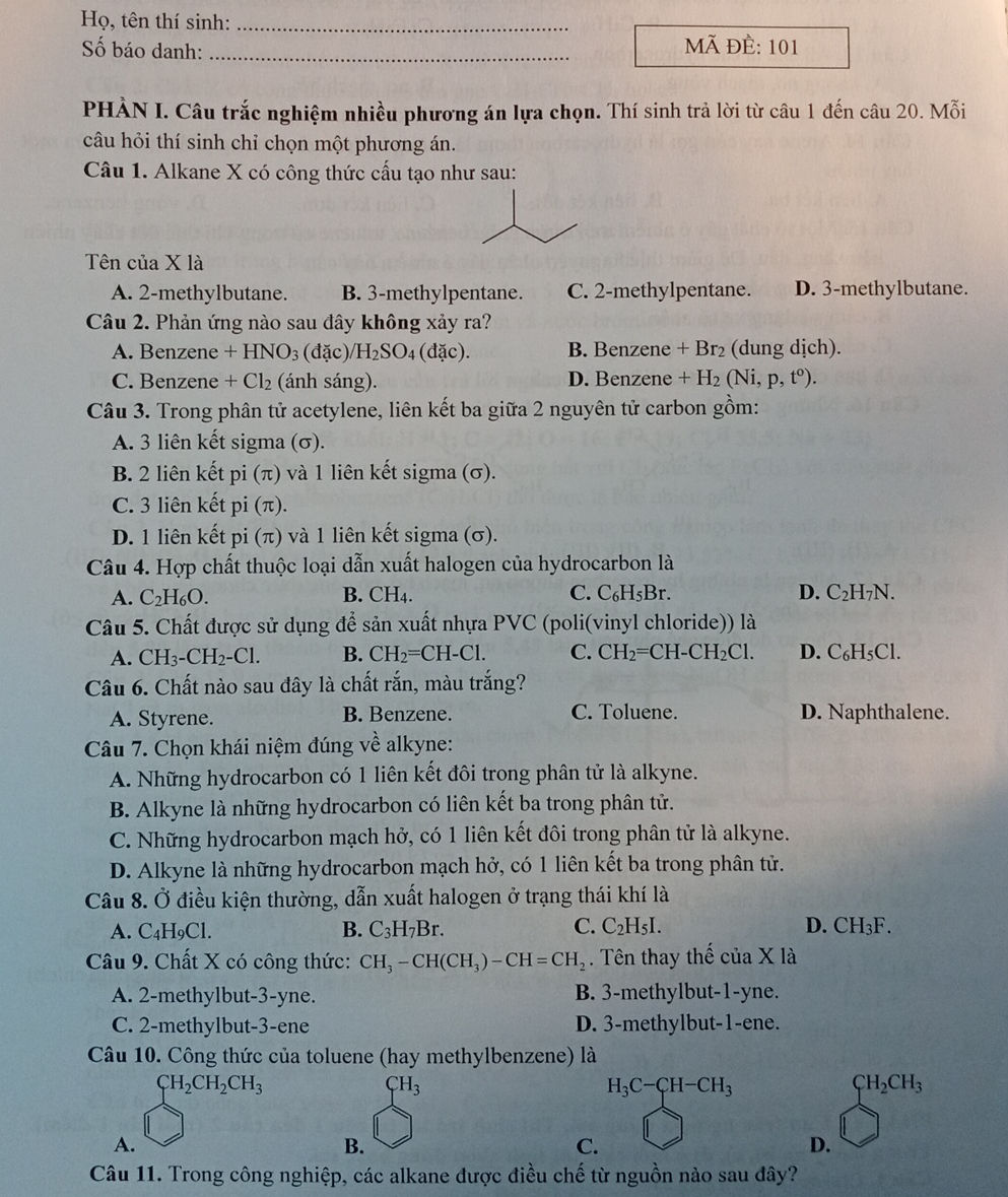 Câu 1. Alkane X có công thức cấu tạo như | StudyX