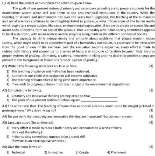 Q2 A) Read the extract and complete the | StudyX