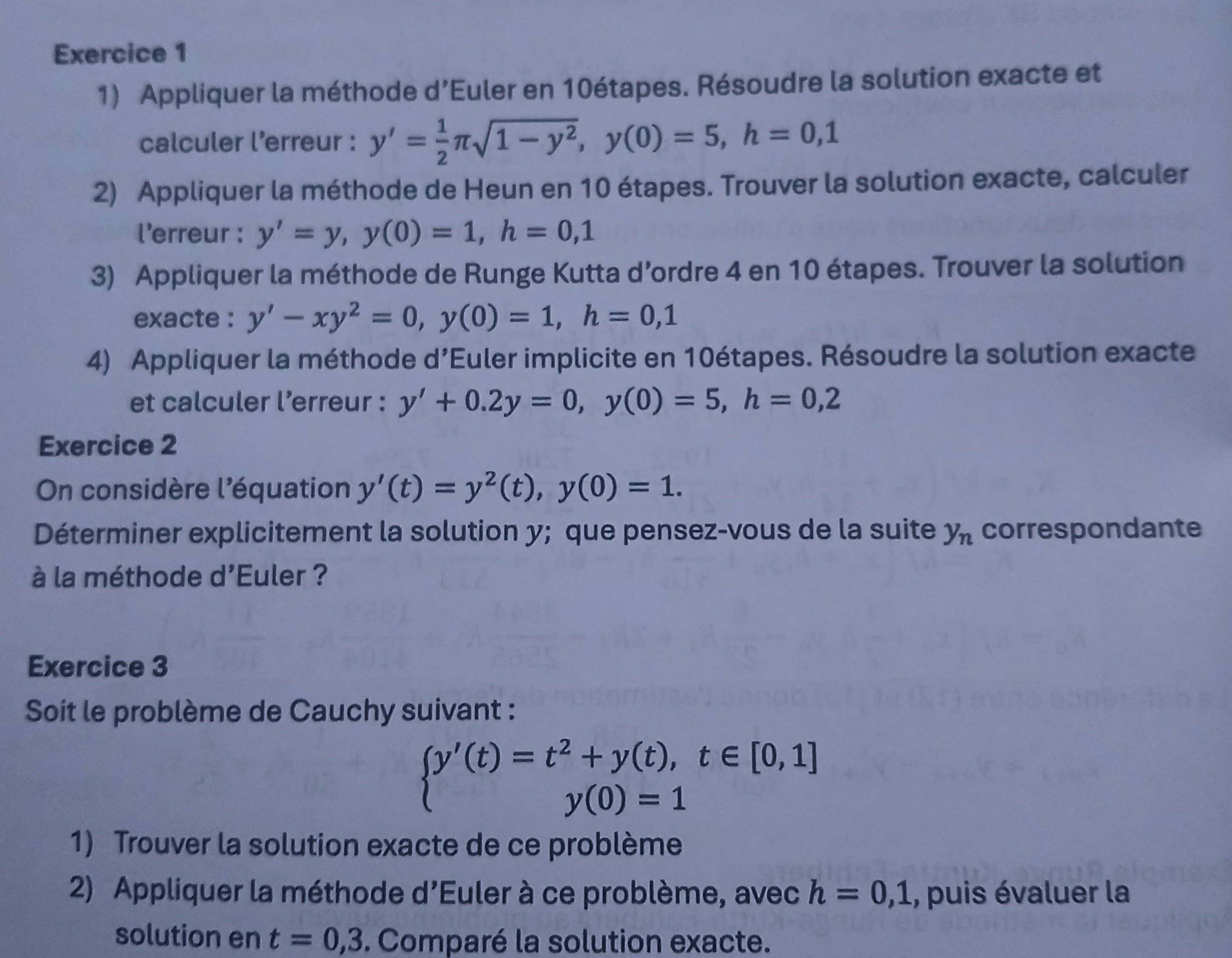 Exercice 1 1) Appliquer la méthode d'Euler | StudyX