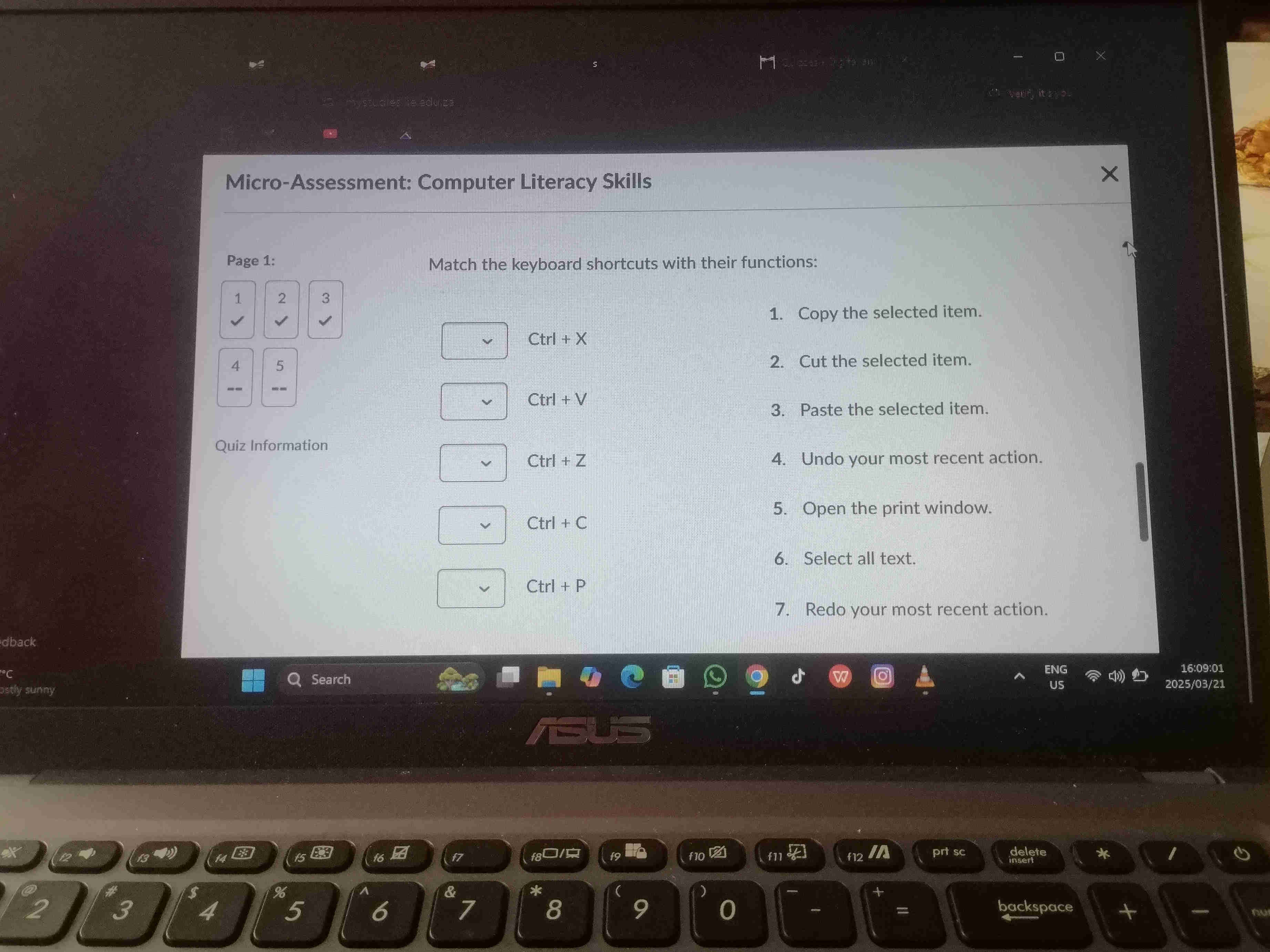 Match the keyboard shortcuts with their | StudyX