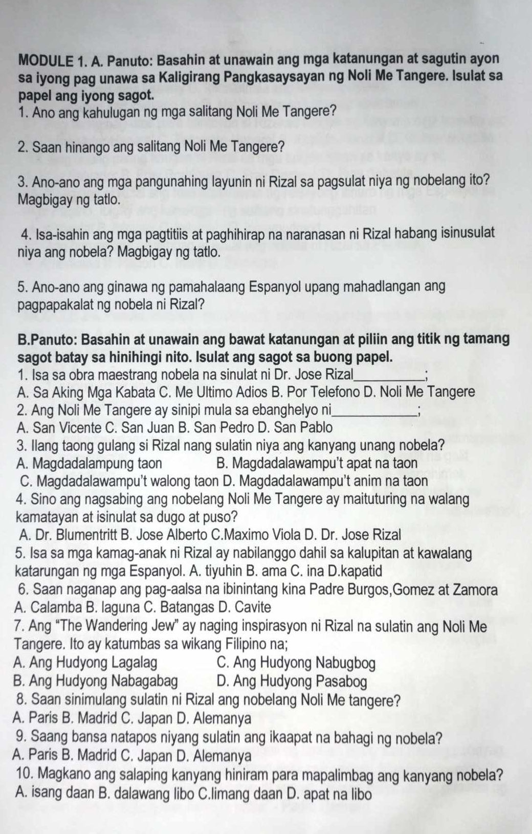 MODULE 1. A. Panuto: Basahin at unawain ang | StudyX