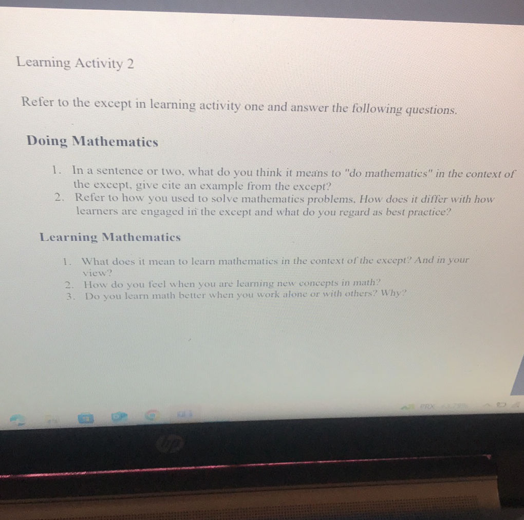 Refer to the except in learning activity one | StudyX