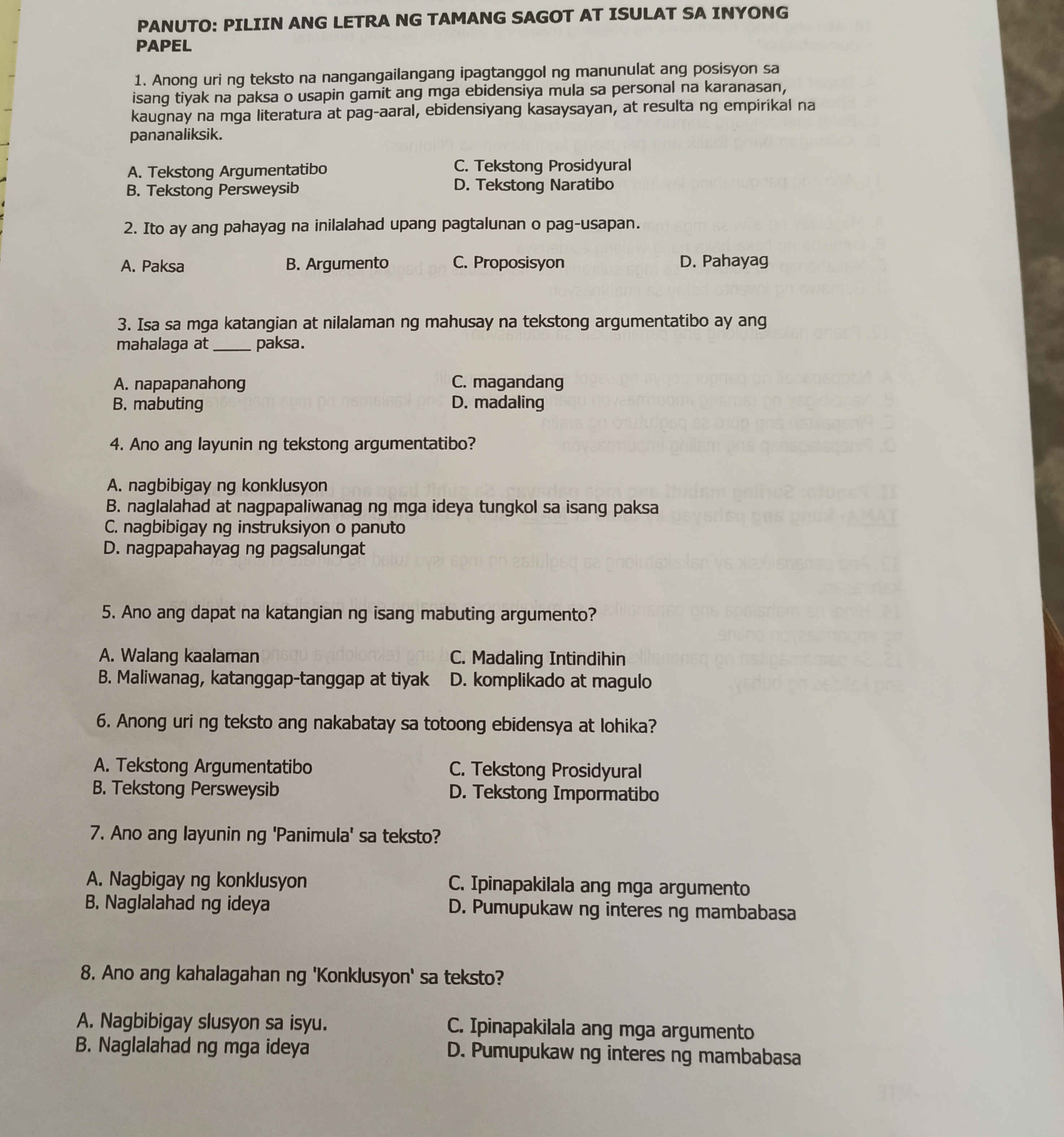 PANUTO: PILIIN ANG LETRA NG TAMANG SAGOT AT | StudyX