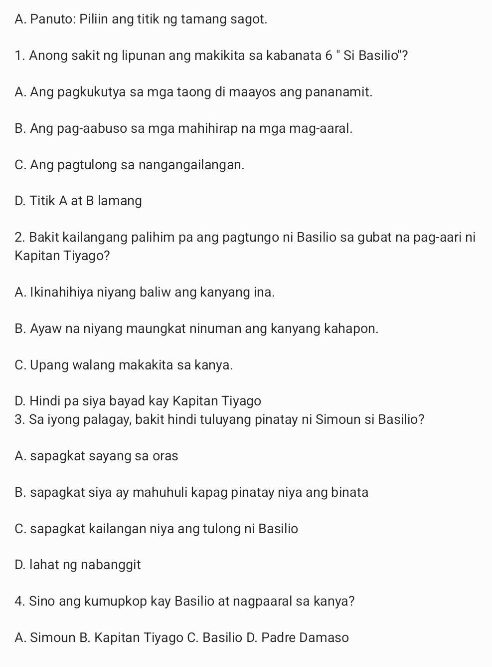 A. Panuto: Piliin ang titik ng tamang sagot. | StudyX