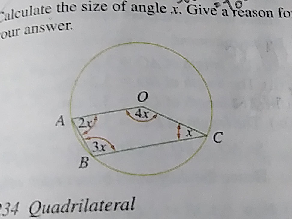 Calculate the size of angle x. Give a reason