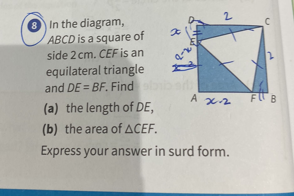 8 In the diagram, ABCD is a square of side 2 | StudyX