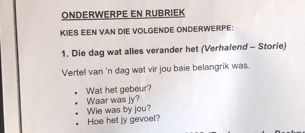 ONDERWERPE EN RUBRIEK KIES EEN VAN DIE