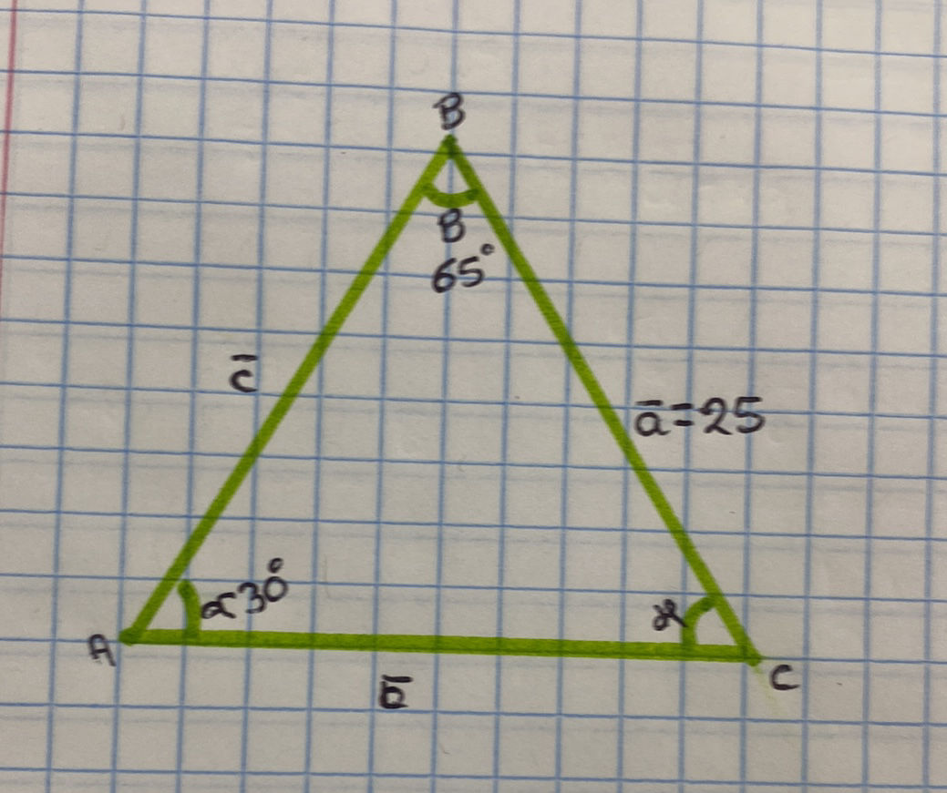Triangle with angle B = 65 degrees, angle A