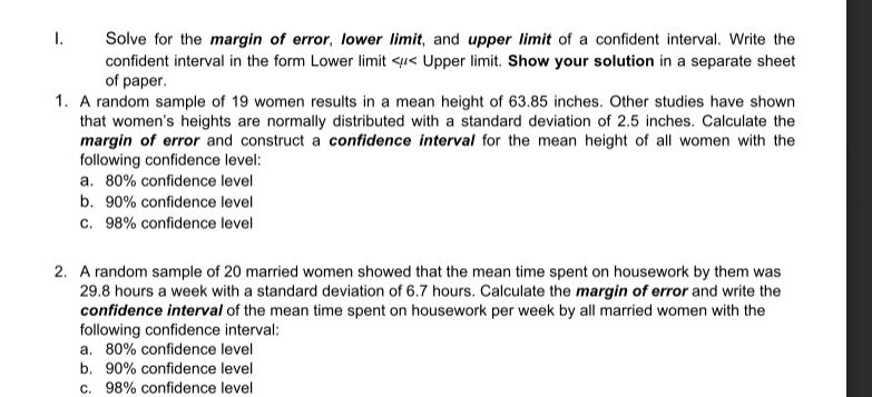 Solve for the margin of error, lower limit,