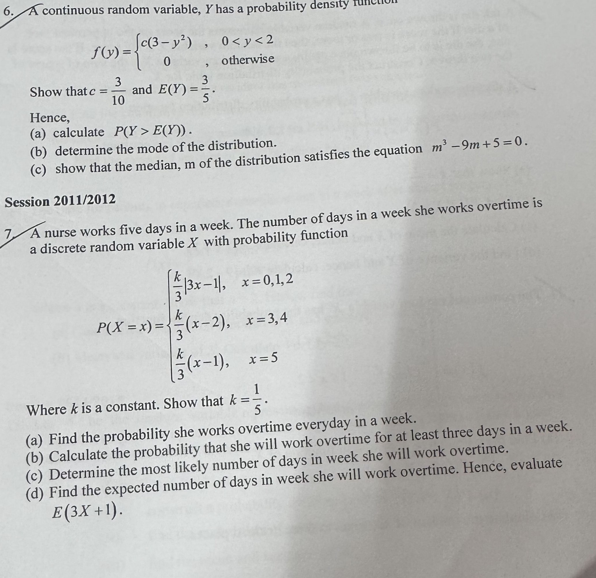 6. A continuous random variable, Y has a | StudyX