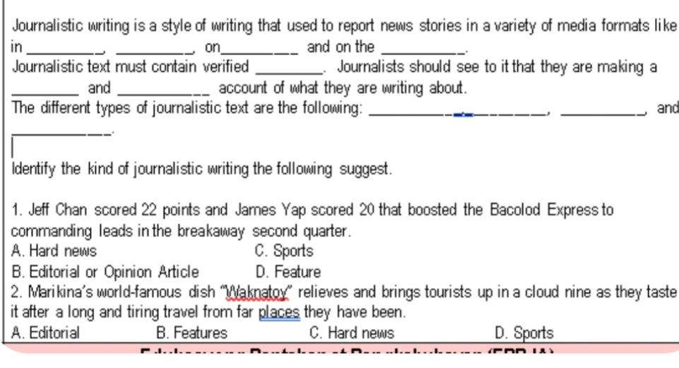 Identify the kind of journalistic writing | StudyX