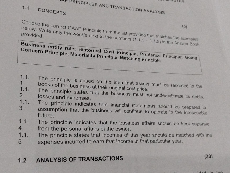 Choose the correct GAAP Principle from the | StudyX