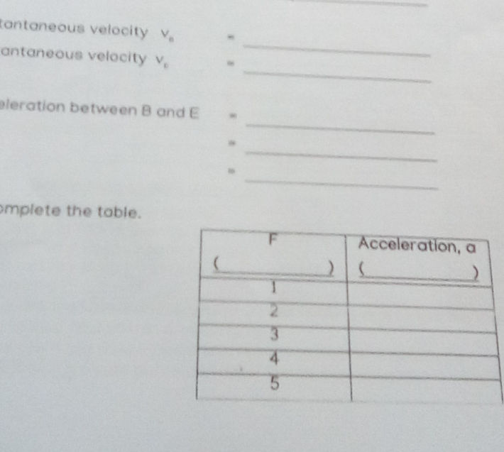 Complete the table. | F | Acceleration, a | | StudyX