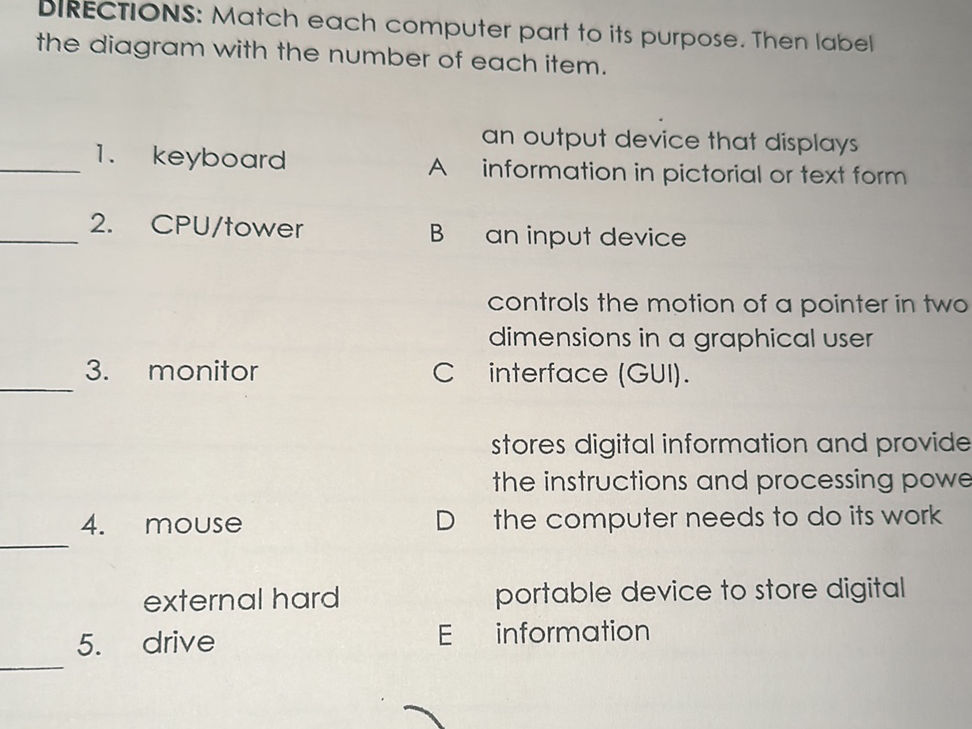 DIRECTIONS: Match each computer part to its | StudyX