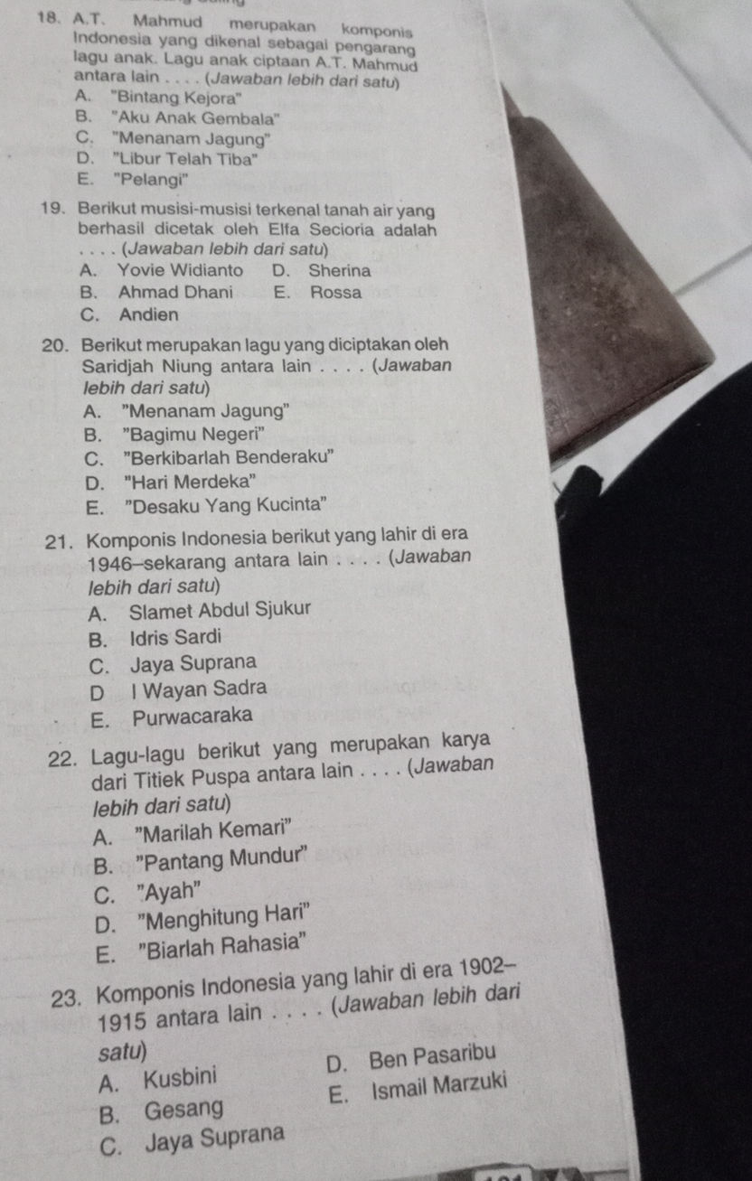 18. A.T. Mahmud merupakan komponis Indonesia | StudyX