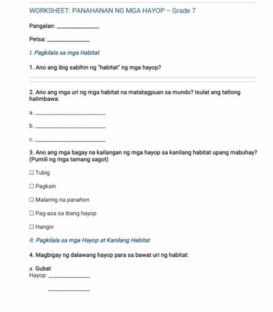 WORKSHEET: PANAHANAN NG MGA HAYOP - Grade 7 | StudyX