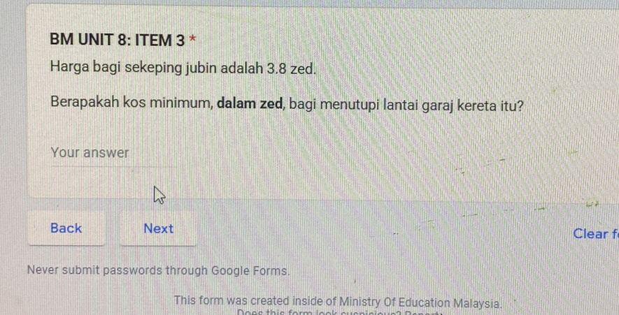 BM UNIT 8: ITEM 3 * Harga bagi sekeping | StudyX