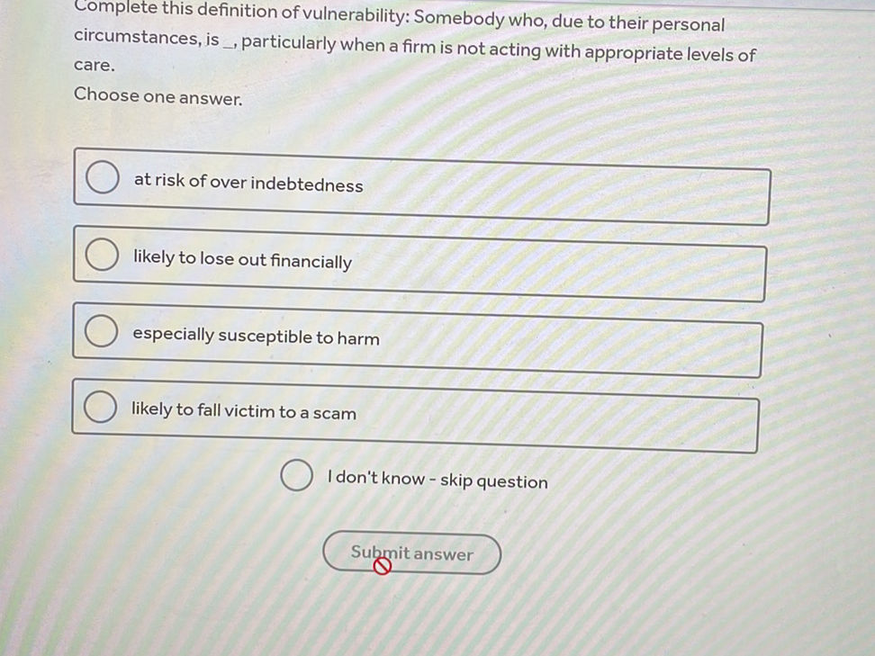 Complete this definition of vulnerability: | StudyX