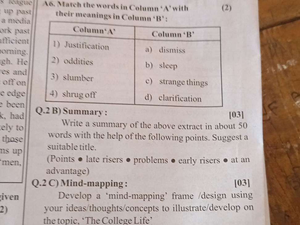 A6. Match the words in Column 'A' with their | StudyX