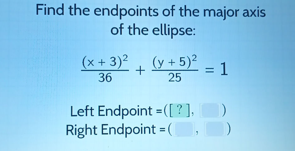 Find the endpoints of the major axis of the | StudyX