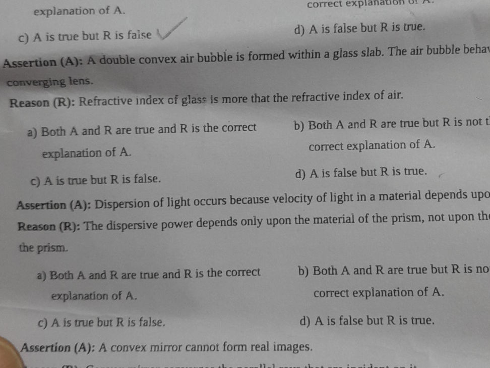 Assertion (A): A double convex air bubble is | StudyX