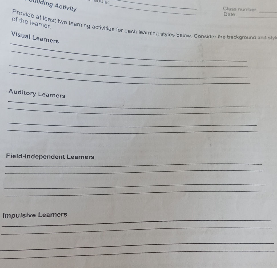 Provide at least two learning activities for | StudyX