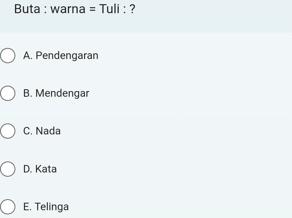 Buta : warna = Tuli : ? A. Pendengaran B. | StudyX