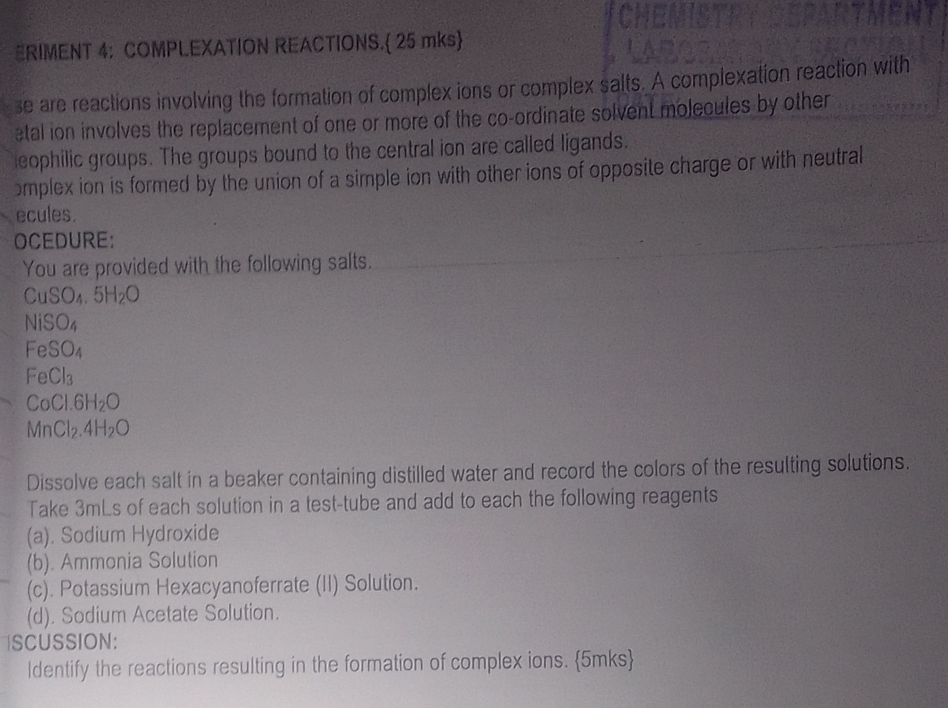 ERIMENT 4: COMPLEXATION REACTIONS.{25 mks} | StudyX