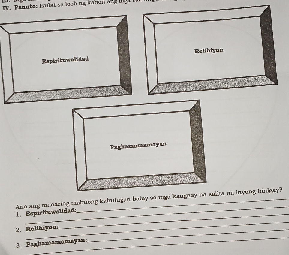 IV. Panuto: Isulat sa loob ng kahon ang mga | StudyX