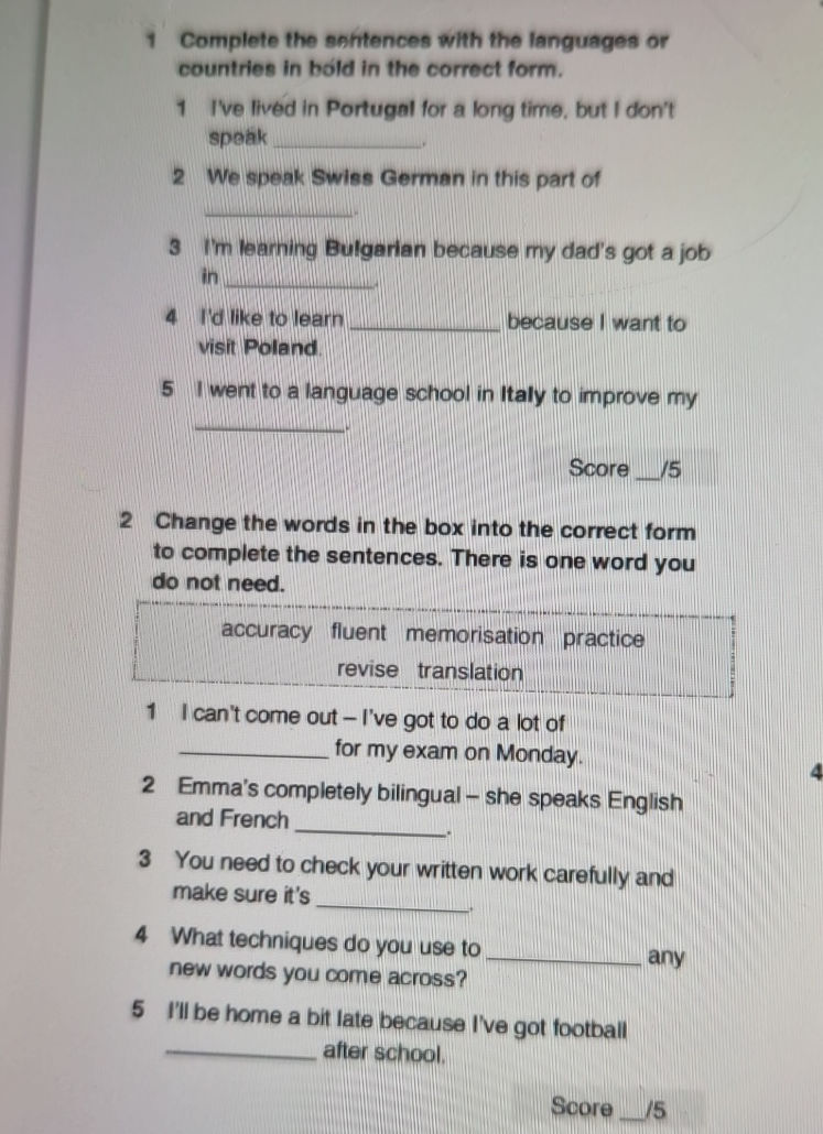 1 Complete the sentences with the languages | StudyX