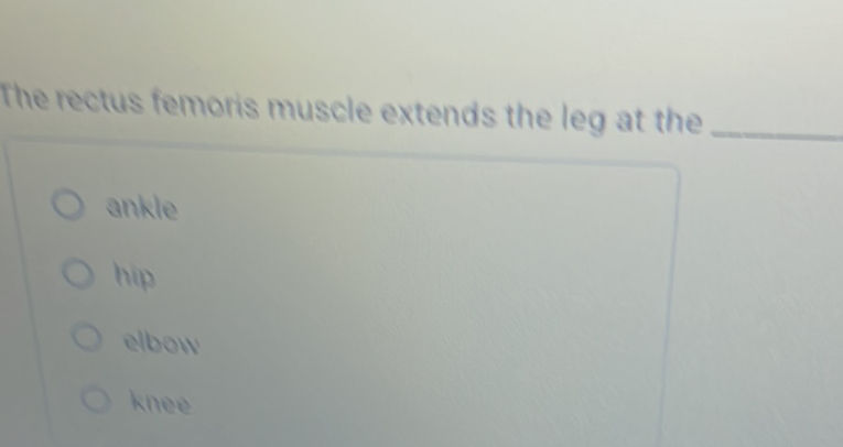 The rectus femoris muscle extends the leg at | StudyX