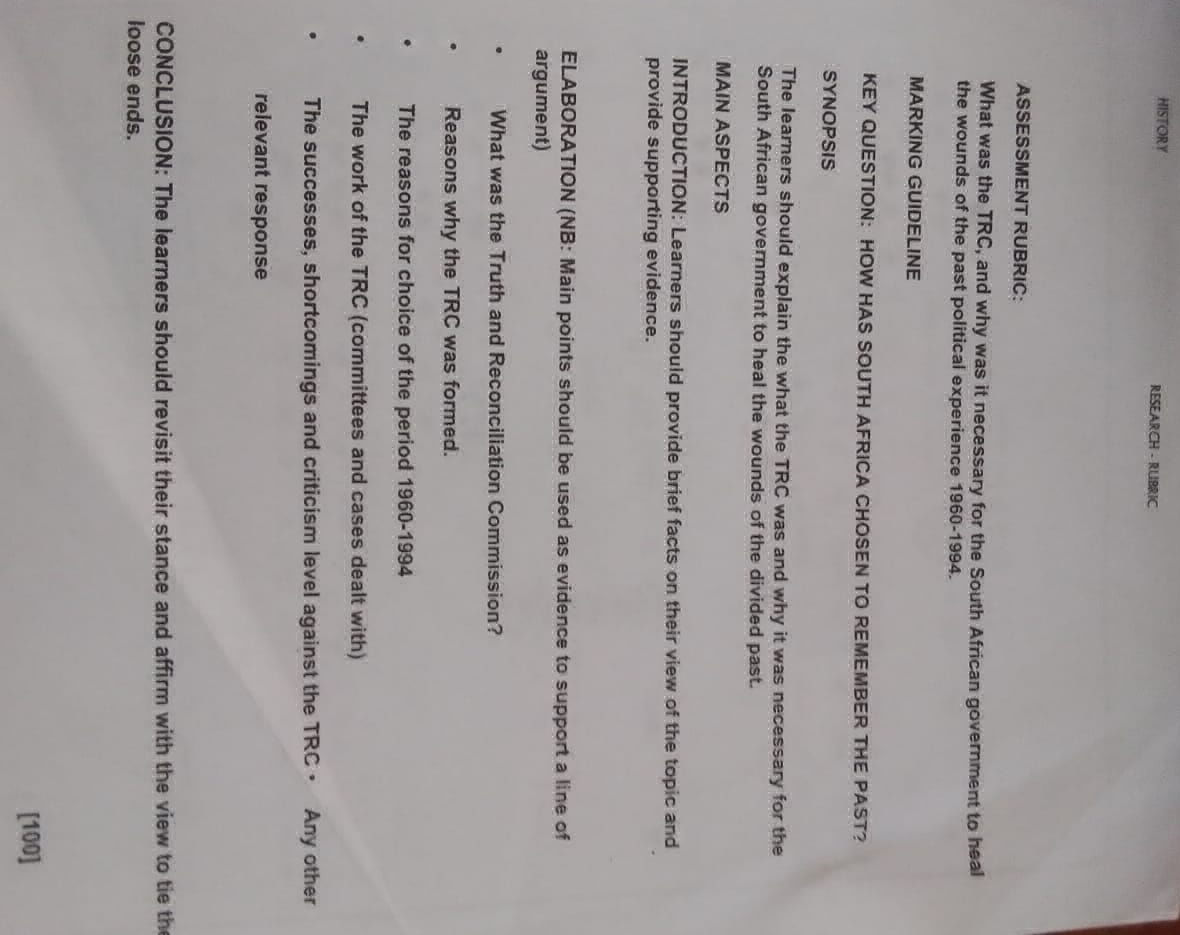 ASSESSMENT RUBRIC: What was the TRC, and why
